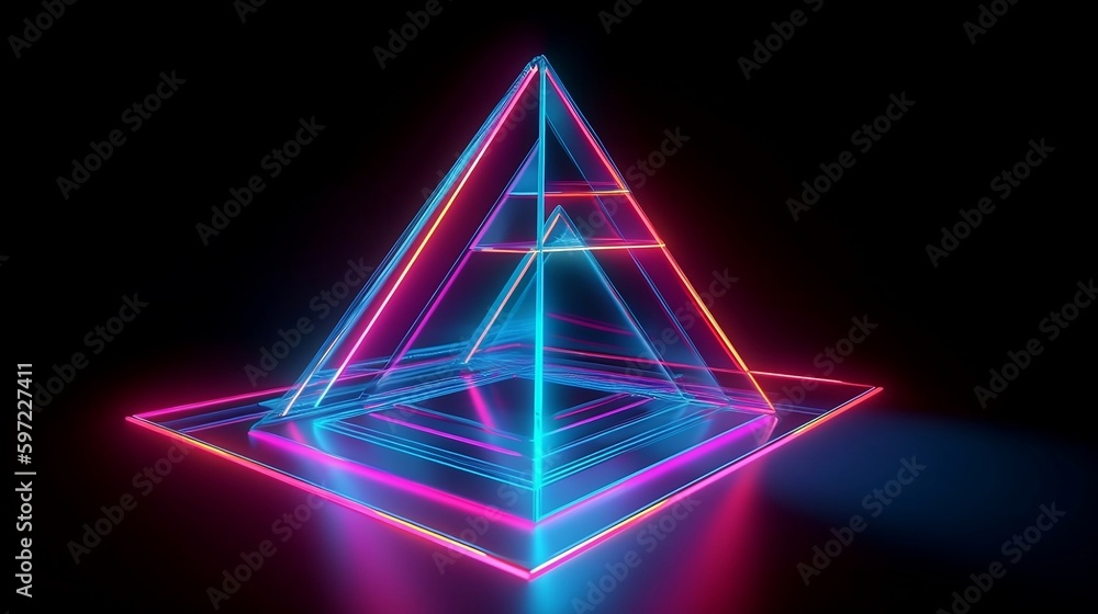 Minimalist 3D rendering: pyramid-shaped neon lines on dark background ...