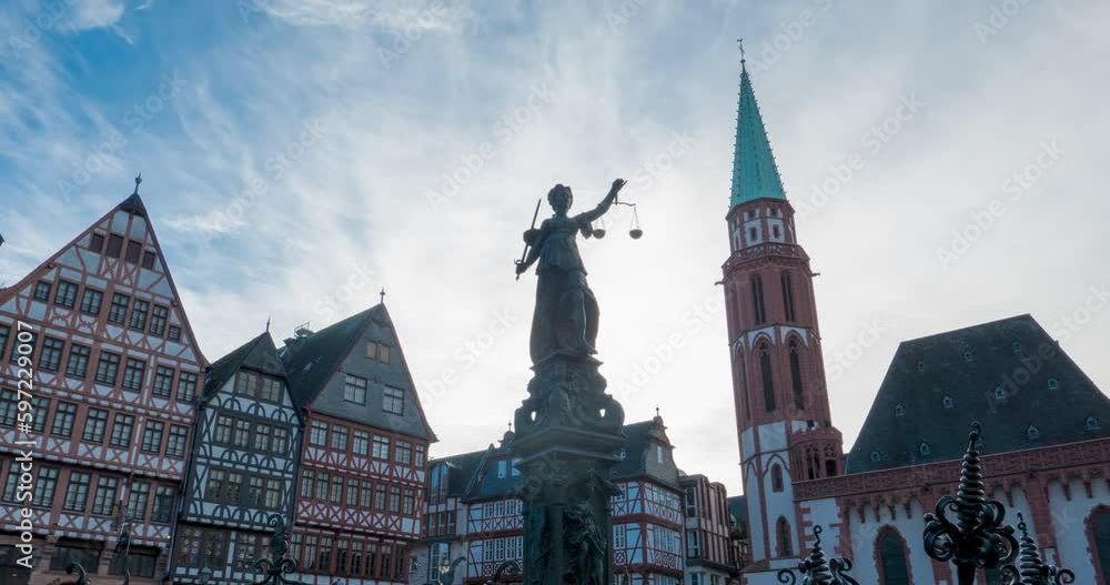 Old town square with Justitia statue in Frankfurt Main, Germany with ...