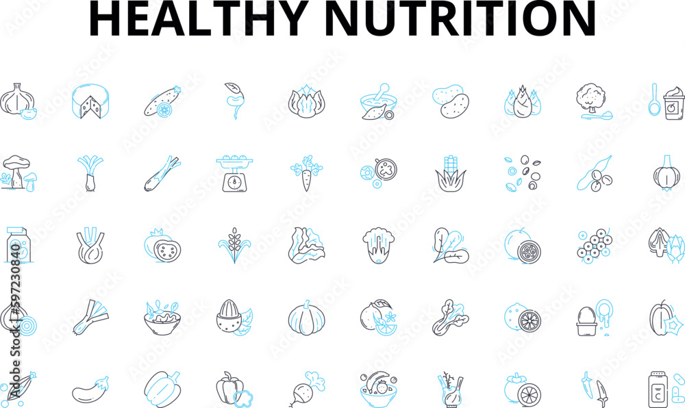 Healthy nutrition linear icons set. Nourishment, Wellness, Balanced ...