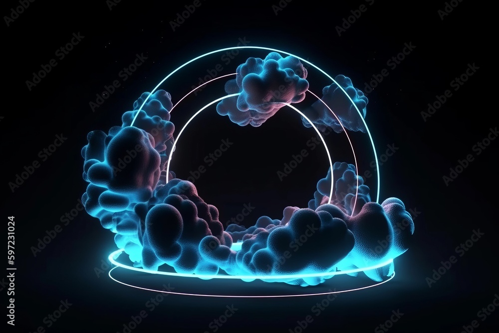abstract cloud illuminated with neon light ring on dark night sky ...