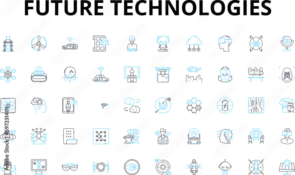 Future technologies linear icons set. Robotics, Drs, Augmented Reality ...