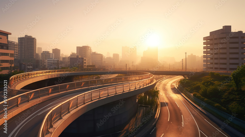 Curved ramp of a highway over streets in Osaka city of Japan at sunrise ...