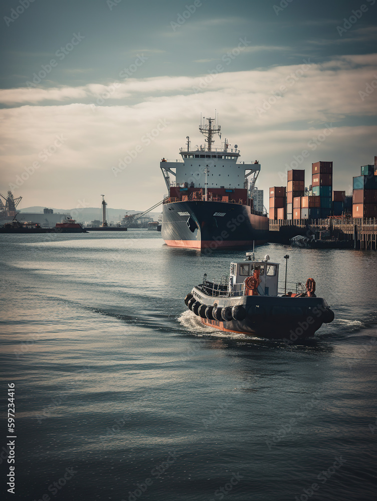Tugboat push large cargo vessel to berth at port terminal. Port ...