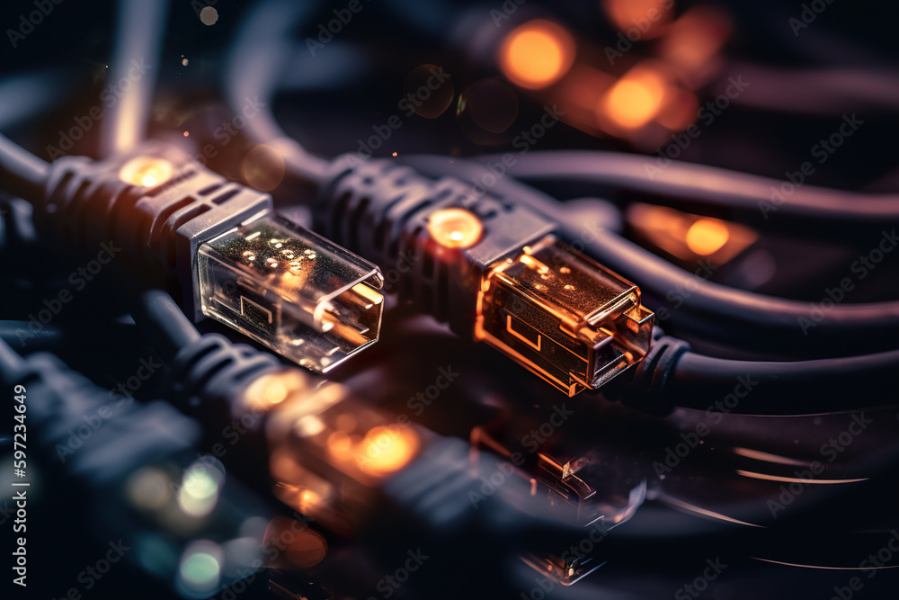 Server staggered cables and interfaces. Network cables connected in ...