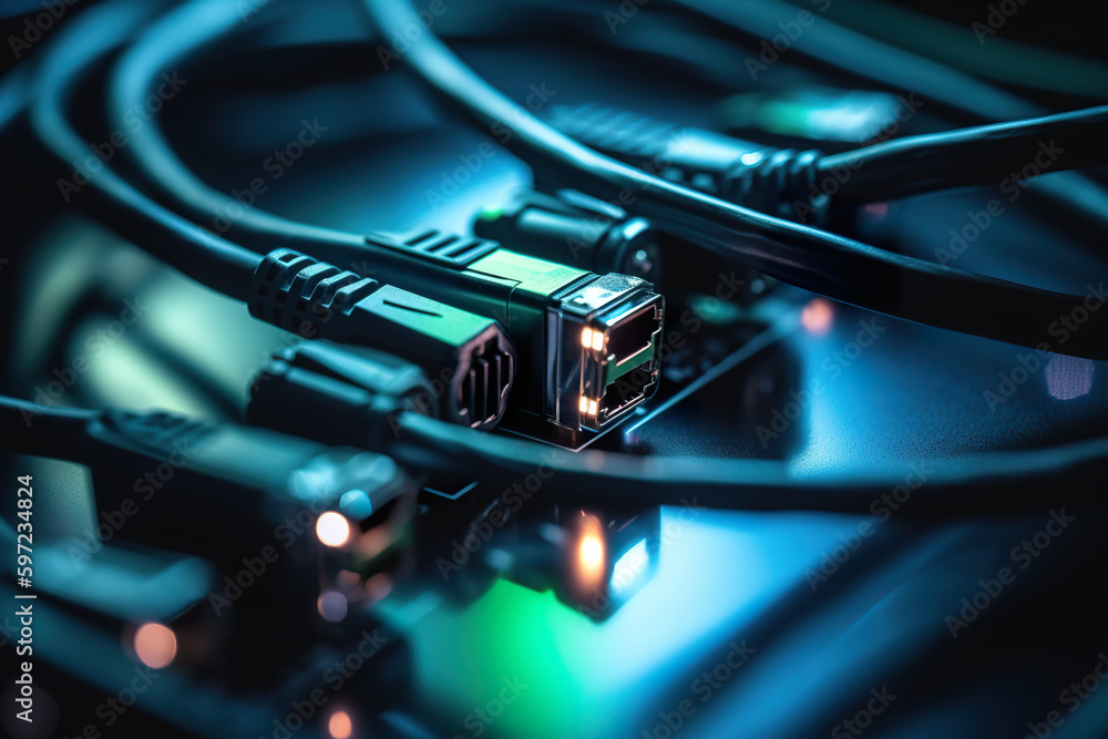 Server staggered cables and interfaces. Network cables connected in ...