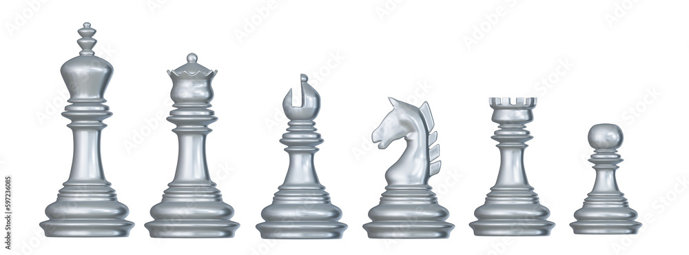 Set of 3d Silver luxury chess pieces. Chess piece icons. Board game ...