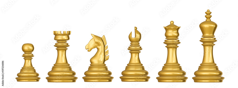 Set of 3d Gold luxury chess pieces. Chess piece icons. Board game ...