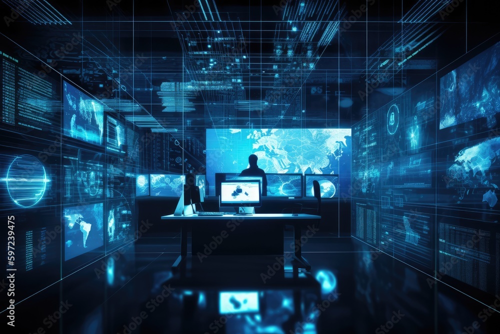 Hacker in a dark room illuminated by screens displaying complex code ...