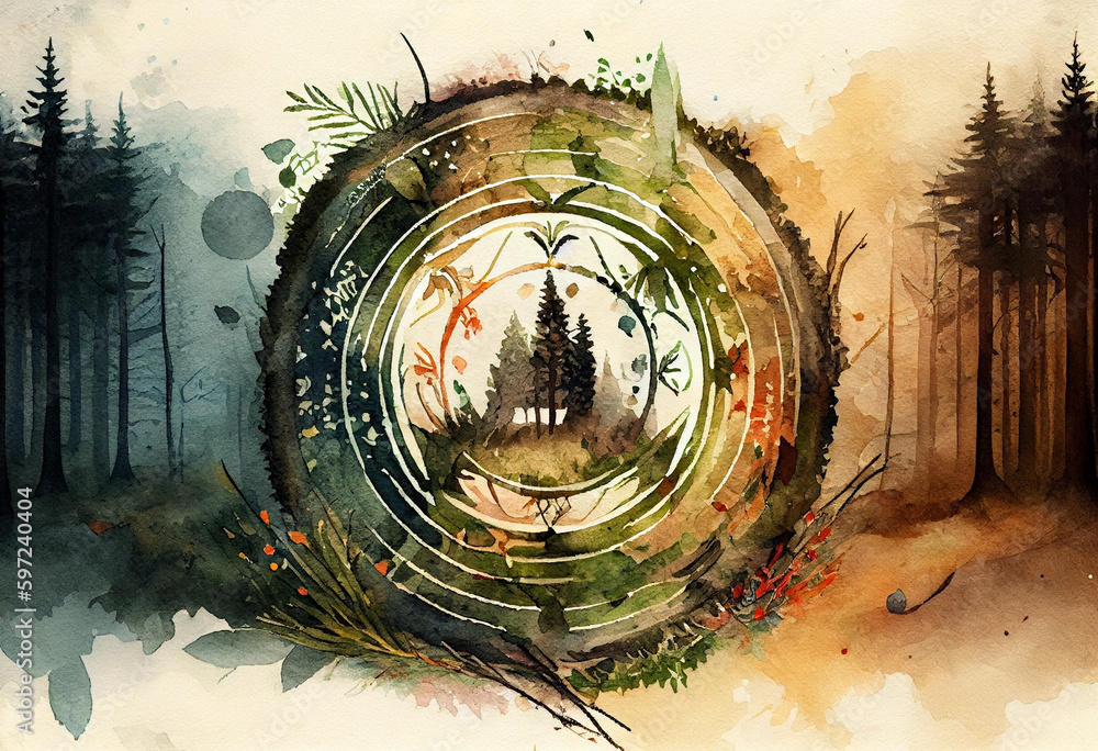 A serene forest clearing with a Native American medicine wheel ...