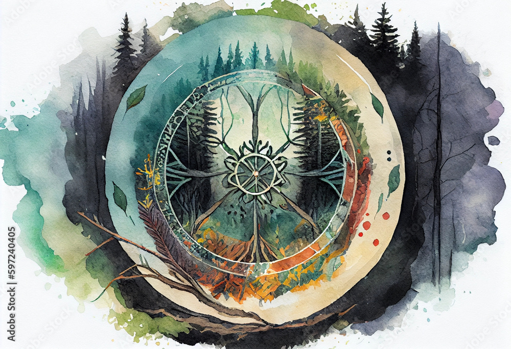 A serene forest clearing with a Native American medicine wheel ...