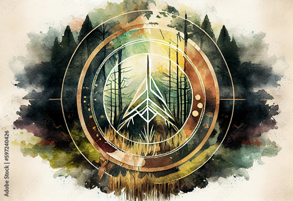 A serene forest clearing with a Native American medicine wheel ...
