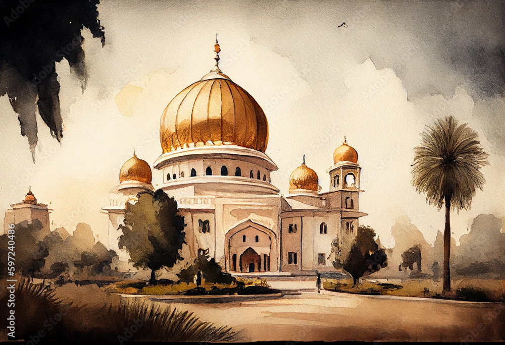A tranquil scene of a Sikh gurdwara with its iconic golden dome ...