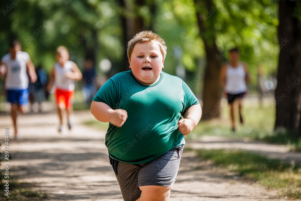 overweight boy jogging in a Park, AI generated Stock Illustration ...
