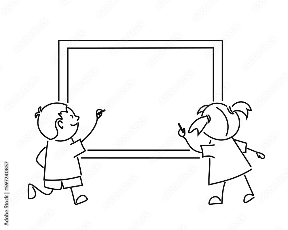 Primary school students in front of the blackboard. A girl and a boy ...