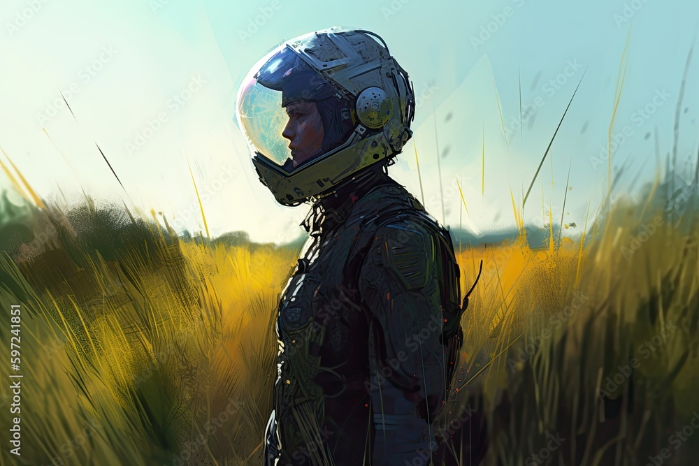 Exploring Nature's Wonders: A Man Walks the Futuristic Fields, Wearing ...