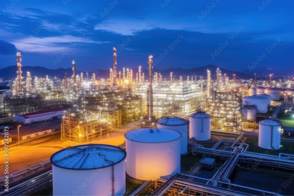 Foto de An aerial view at twilight showcases an oil refinery, complete ...