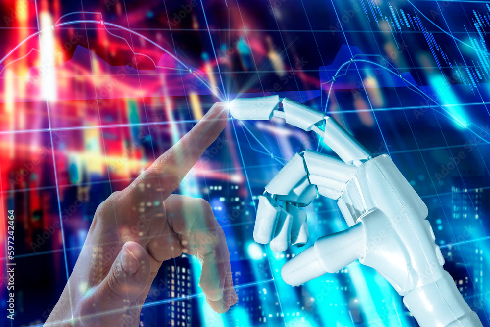 AI trading analysis. Human hand and plastic robot arm tracking sales ...