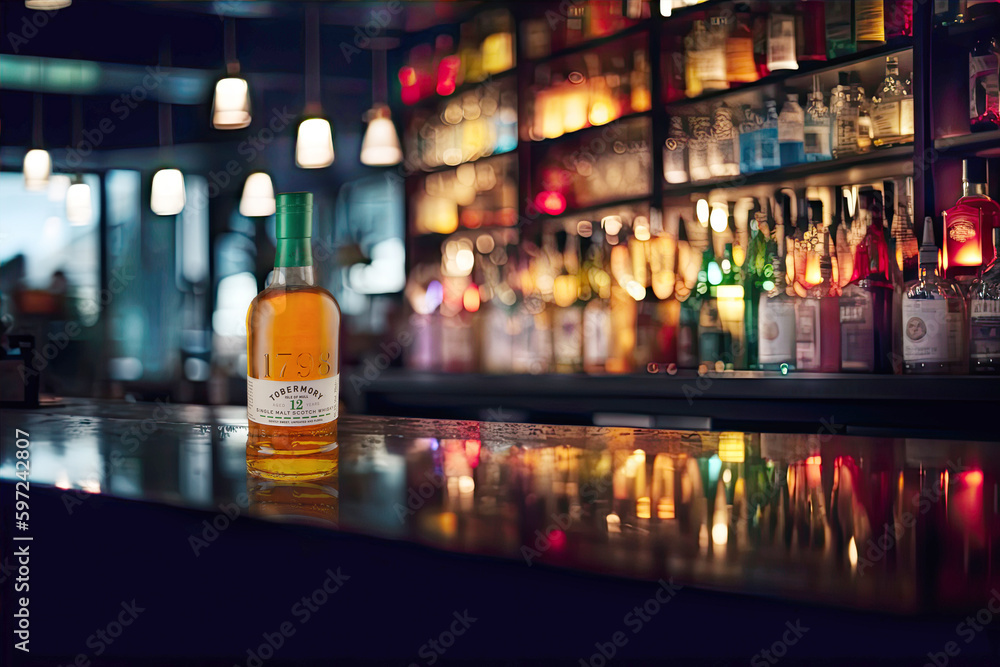 Bar counter in the restaurant bar is out of focus with illumination and ...