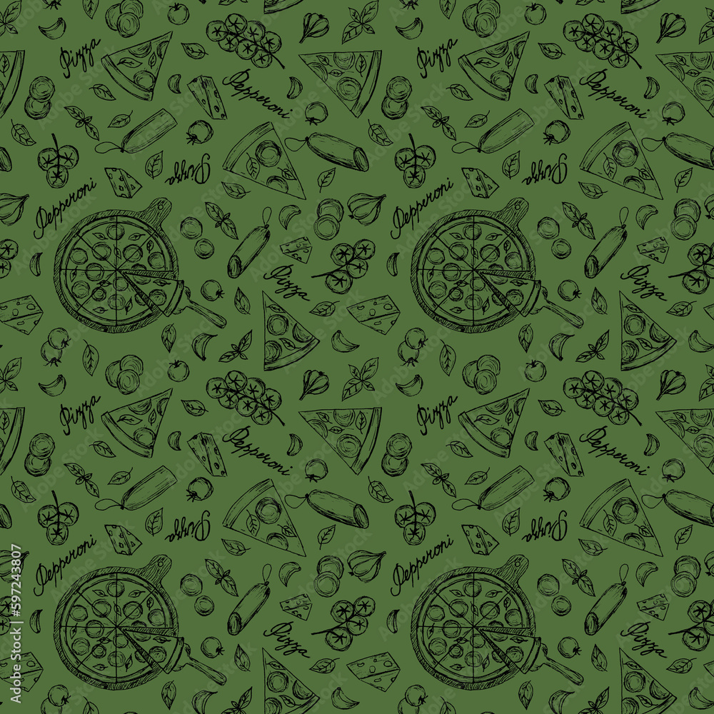 Hand illustrated seamless pattern with pepperoni pizza slice, round on ...