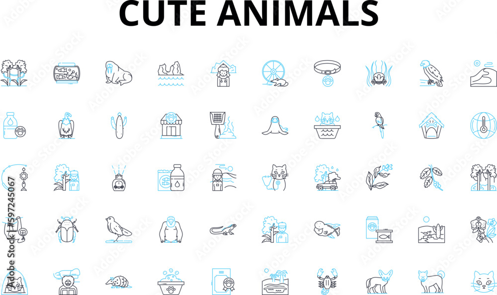 Cute animals linear icons set. Adorable, Fluffy, Fuzzy, Cuddly, Playful ...