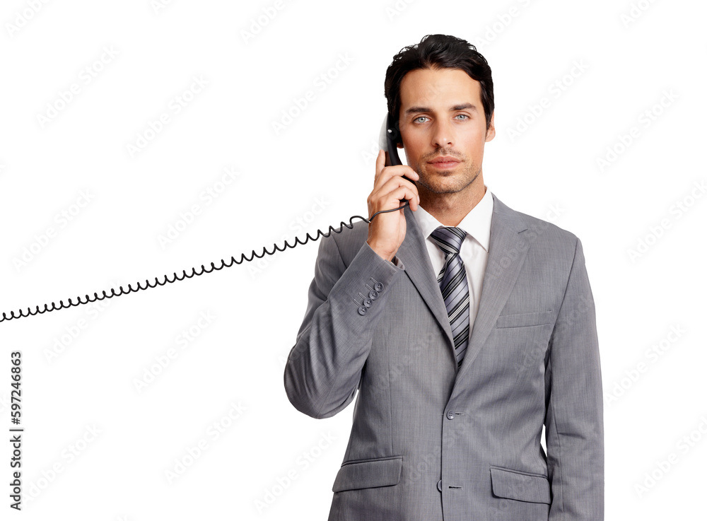 Portrait, landline and serious business man isolated on a transparent ...