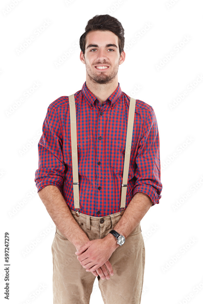 Smile, portrait of man in nerd fashion and suspenders isolated on ...