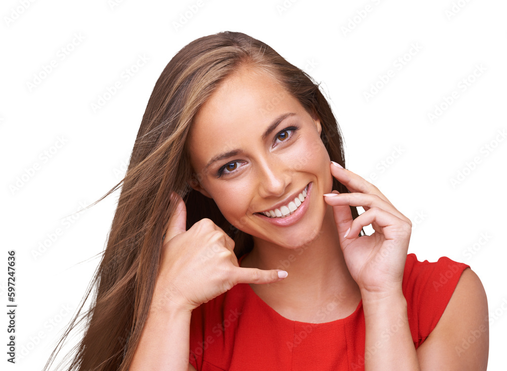 Portrait, happy woman and call me sign or contact us on an isolated and ...