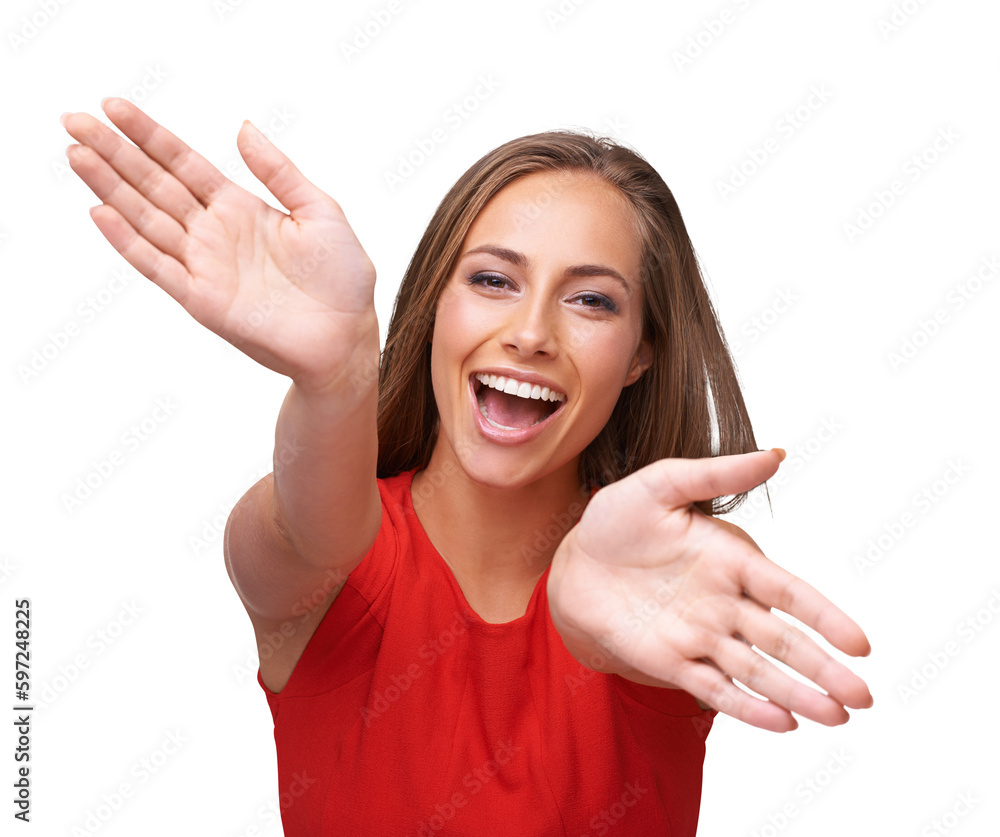 Portrait, isolated woman and hands clapping with excited face, smile ...