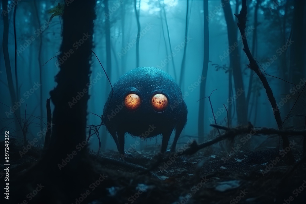 A monster with glowing eyes from another dimension is standing in a ...
