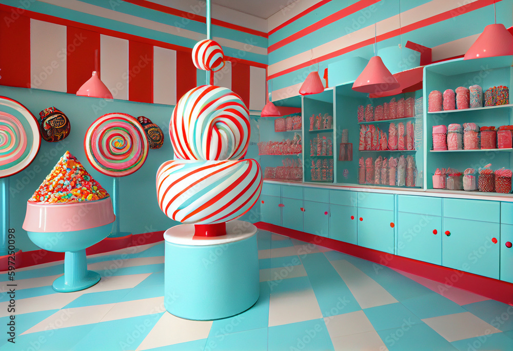 Cartoon interior of lollipop candy store. Generative AI. Stock ...