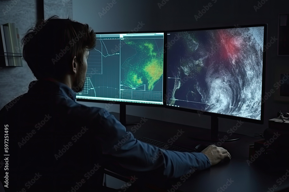 Meteorologist monitoring weather forecast at monitor screen. Workplace ...