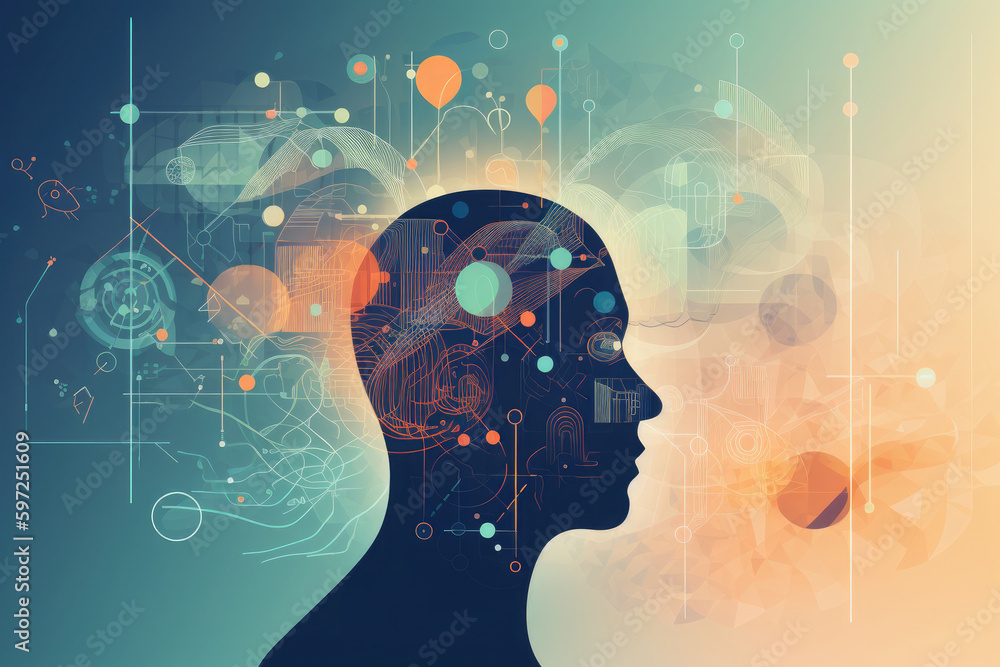 Process of human thinking. Illustration of consciousness Silhouette of ...