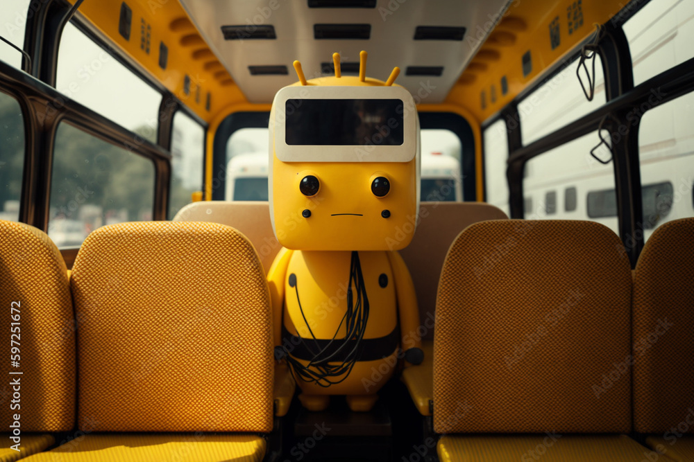 a cute robot is a service robot in a yellow public bus. Generative AI ...