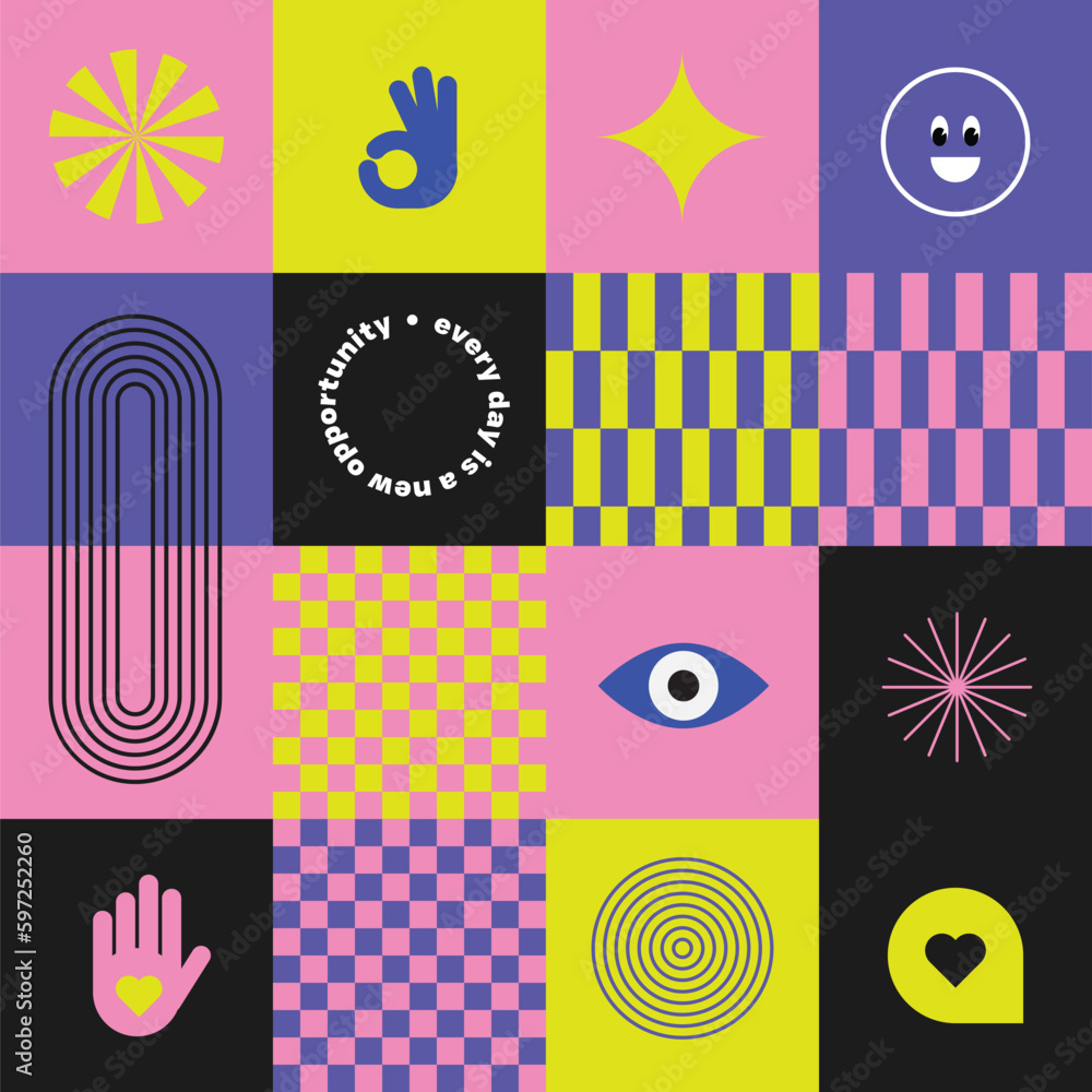 Trendy stickers Y2k. Checker board print Retro elements. Flat design ...