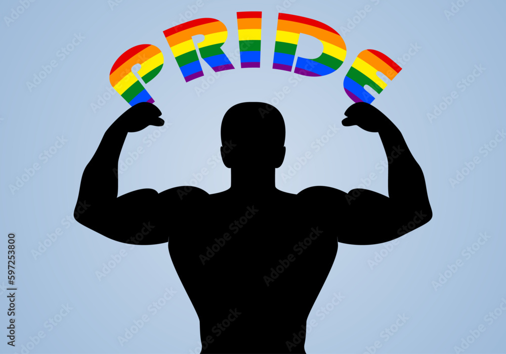 Orgullo LGTBIQA+. Silueta negra de persona musculada sujetando la ...