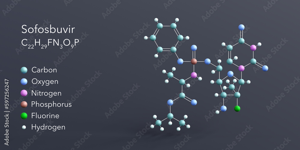 sofosbuvir molecule 3d rendering, flat molecular structure with ...