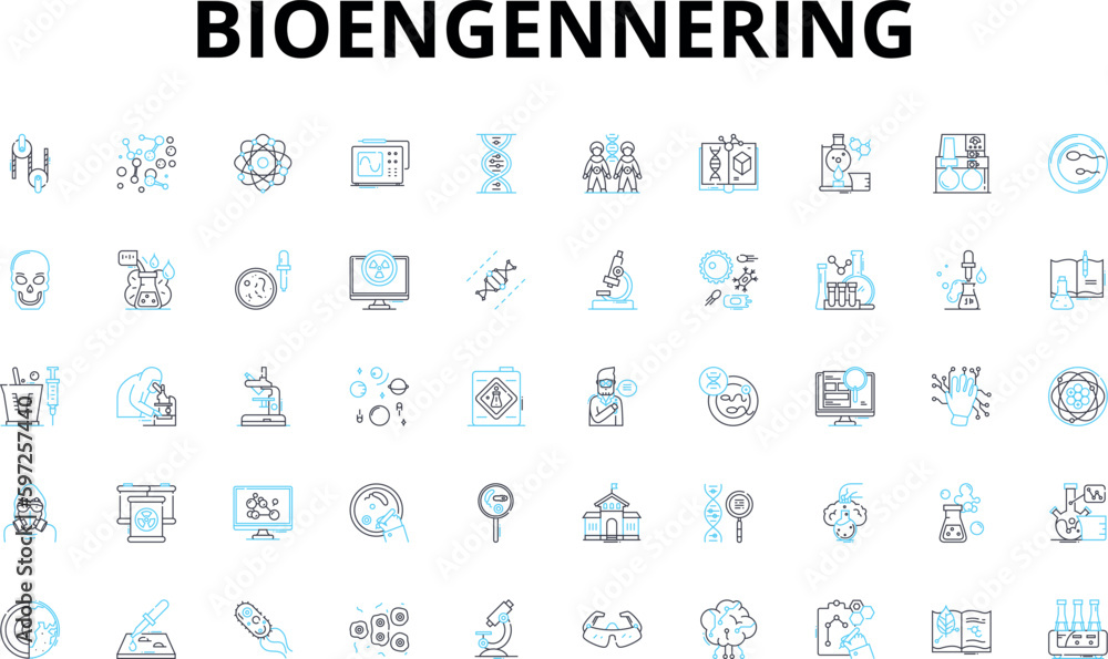 Bioengennering linear icons set. Biomaterials, Biomechanics ...