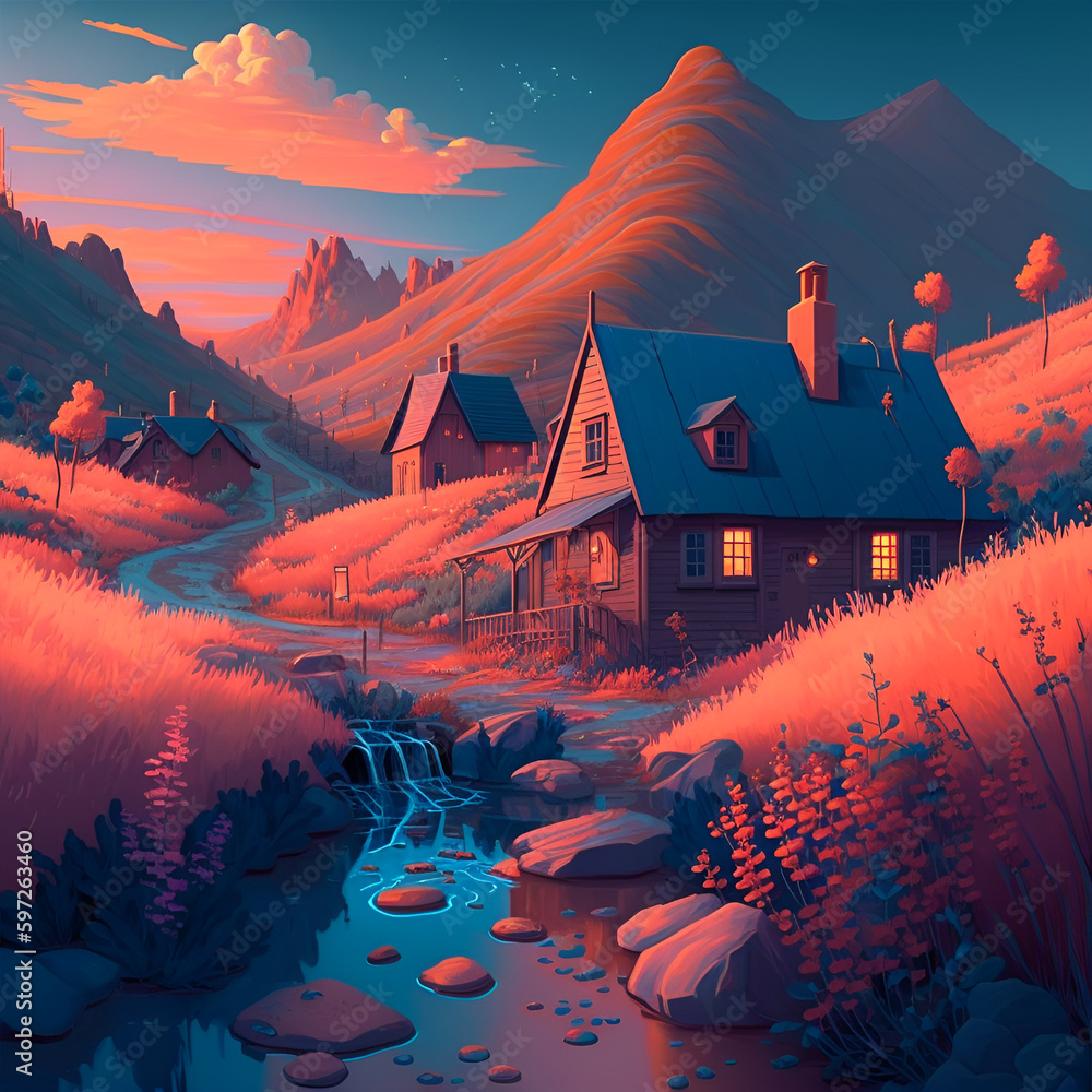 Beautiful House landscape scenery cartoon art for decoration Stock ...