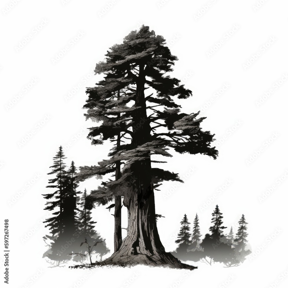 Redwood tree silhouette white background Stock Illustration | Adobe Stock