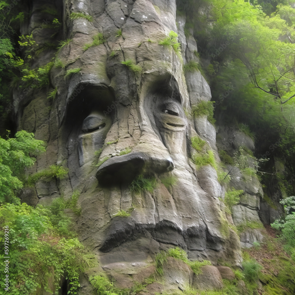 ภาพประกอบสต็อก A face appears on a natural rock, creating an optical ...