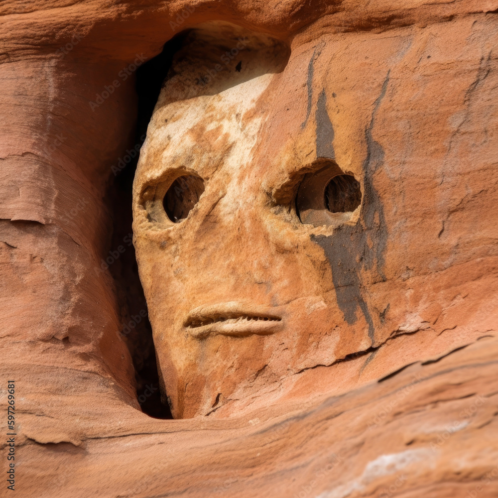 Natural facet with distinctive face carved in stone. Inspires the deep ...