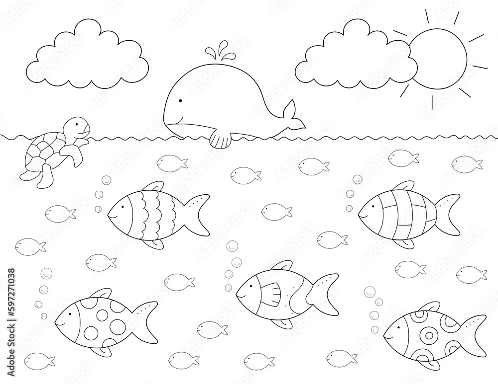 coloring page for kids of fish and a whale in the ocean. you can print ...
