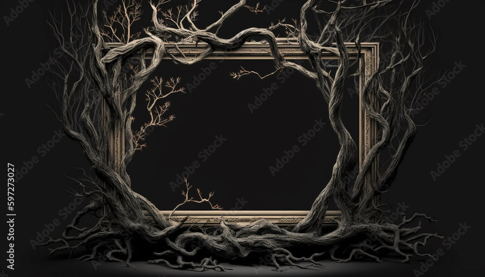 Branches of tree roots frame an empty frame, black background ...