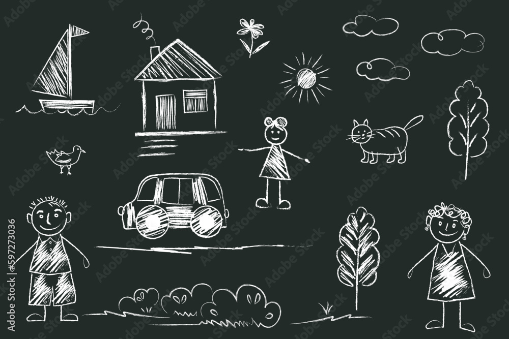 Set of objects drawn child. little girl, mom, dad, woman, man, house ...