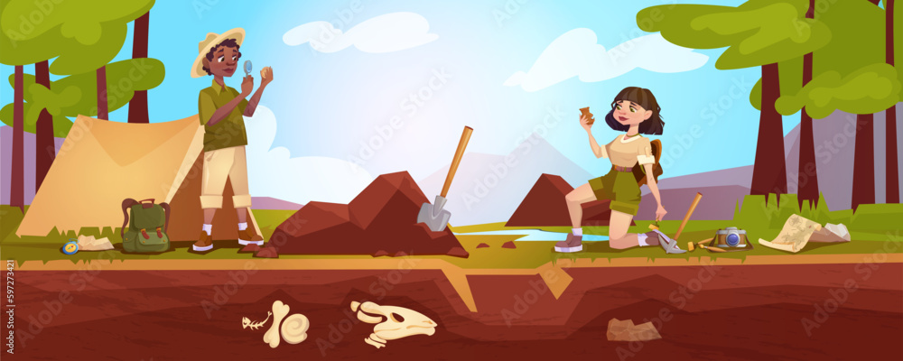 Cartoon archaeologists exploring artifacts with magnifying glass, brush ...
