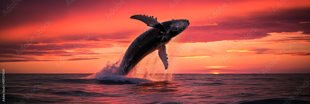 A whale jumping on the surface of the water with a spectacular sunset ...