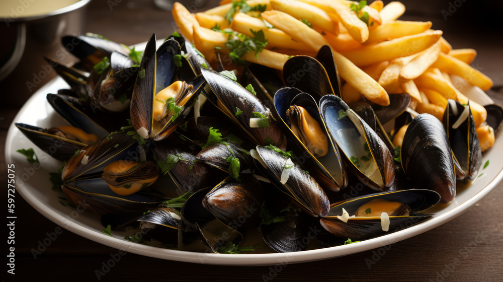 Moules frites: A Belgian dish of steamed mussels served with French ...