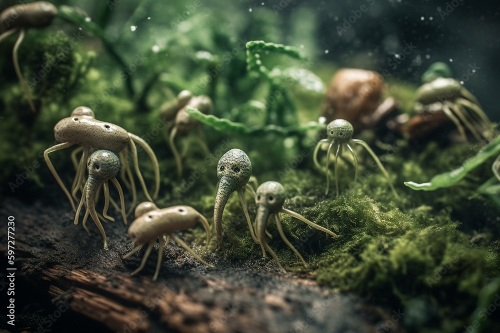 Realistic artwork of tiny alien creatures invading a swamp, inspired by ...
