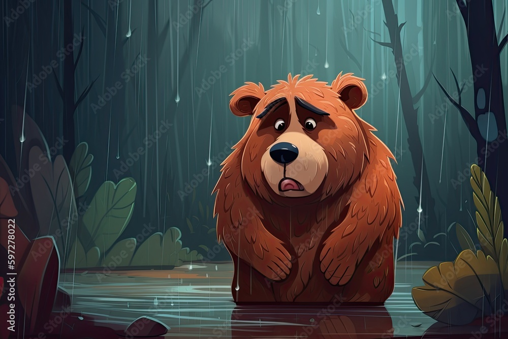 Sad Bear, A Brown Bear Cartoon Illustration, Alone and in the Rain ...