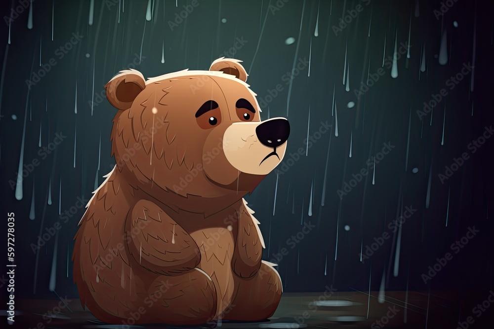 Sad Brown Bear Standing in the Rain: A Funny Cartoon Illustration for ...